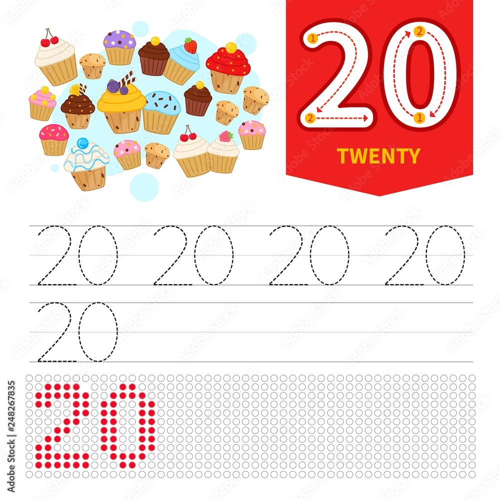 Kids learning material. Card for learning numbers. Number 20. Cartoon ...