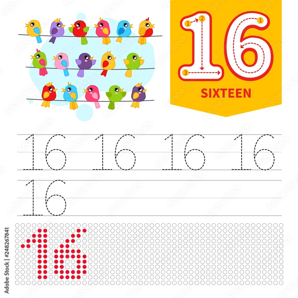 Kids learning material. Card for learning numbers. Number 16. Cartoon ...