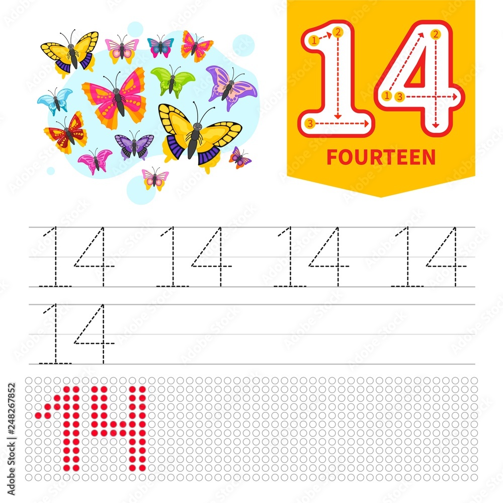 Kids learning material. Card for learning numbers. Number 14. Cartoon ...