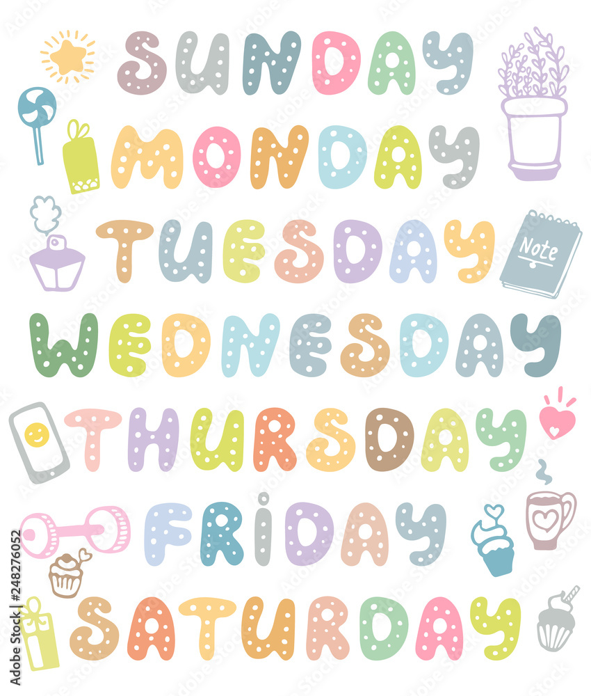 Hand drawn vector weekdays and elements for notebook, diary, calendar ...