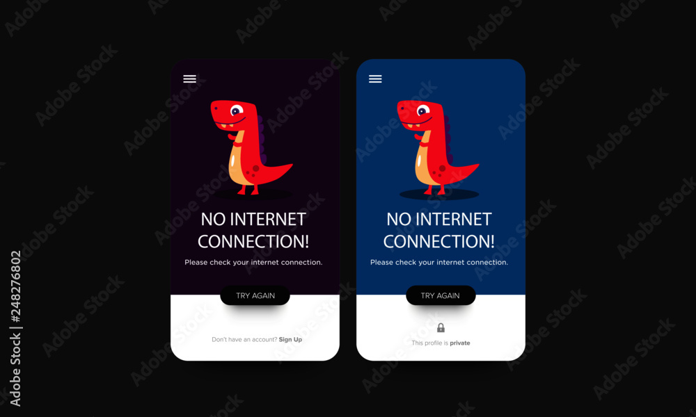 No Internet Connection Interface Design with Cute Dinosaur Vector ...