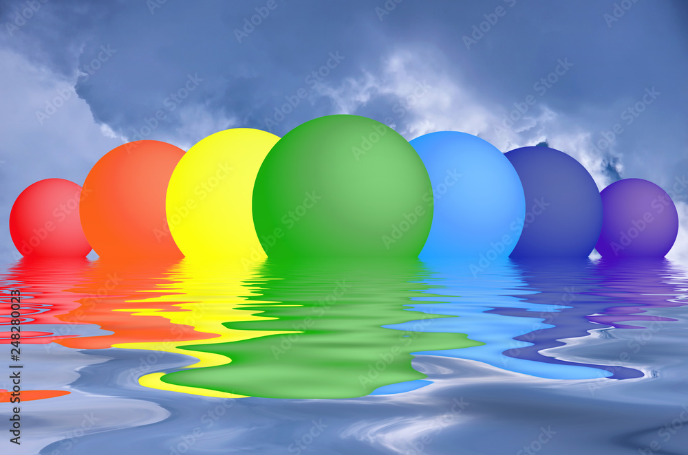 Symmetric view of seven 3D spheres (balls) of seven different colors ...