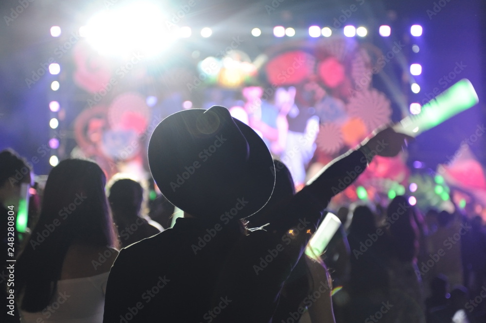 A woman wearing a hat is dancing at a concert,Night party concert ...