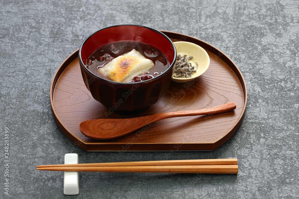 oshiruko, sweet red bean soup with grilled mochi (rice cake), japanese ...