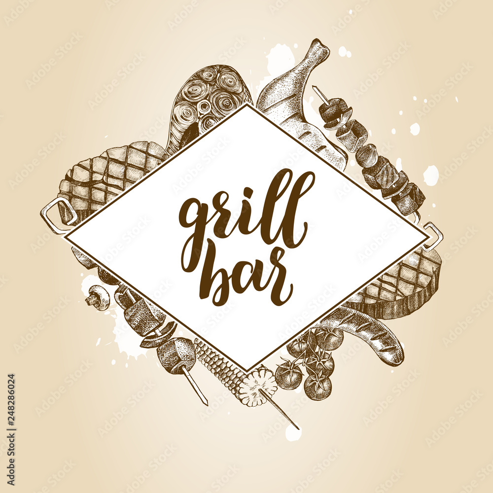 Background with Ink hand drawn meat products and grilled dishes. Food ...