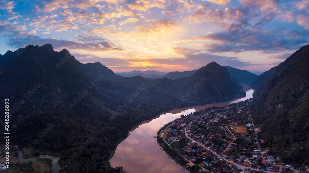 Aerial Panoramic Nam Ou River Nong Khiaw Muang Ngoi Laos Sunset Aerial Panoramic Nam Ou River Nong Khiaw Muang Ngoi Laos Sunset