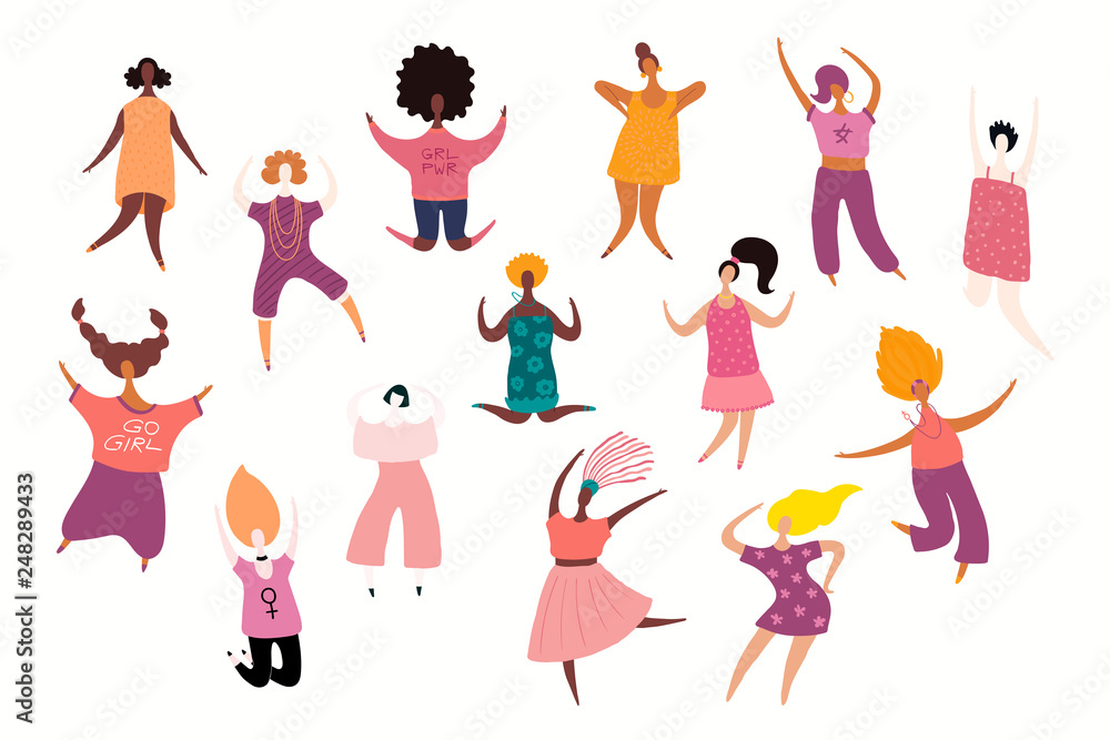 Big set of diverse dancing women. Isolated objects on white background ...