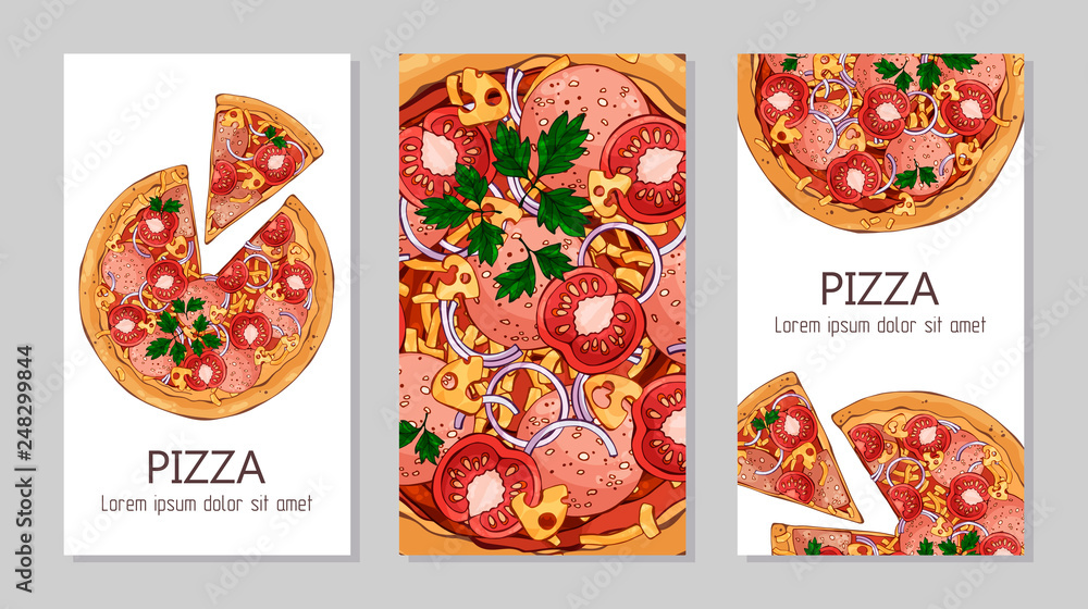 Vector colorful illustrations on the pizza theme; pizzas from different ...