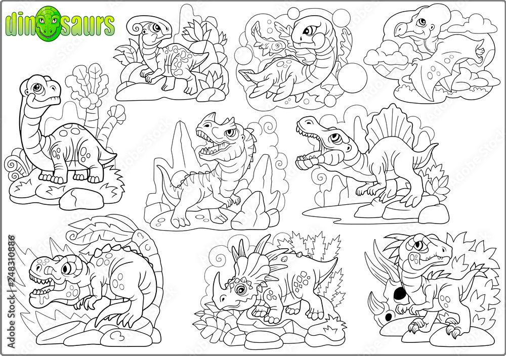 cute cartoon prehistoric dinosaurs, set of images coloring book Stock ...