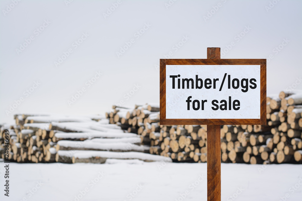 Sign TIMBER/LOGS FOR SALE. Materials for constructing wooden buildings ...