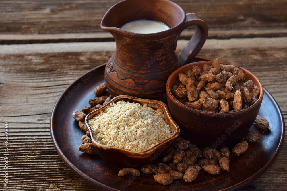 Chufa milk and tigernut flour. Alternative type of milks. Vegan non ...