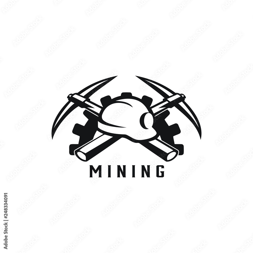 Vecteur Stock Mining emblem work, Retro mining logo with hard hat ...