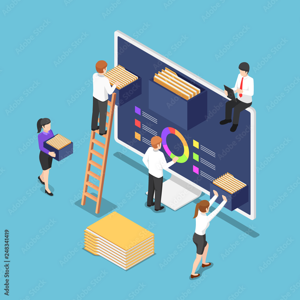 Isometric business people are organize document files and folders ...