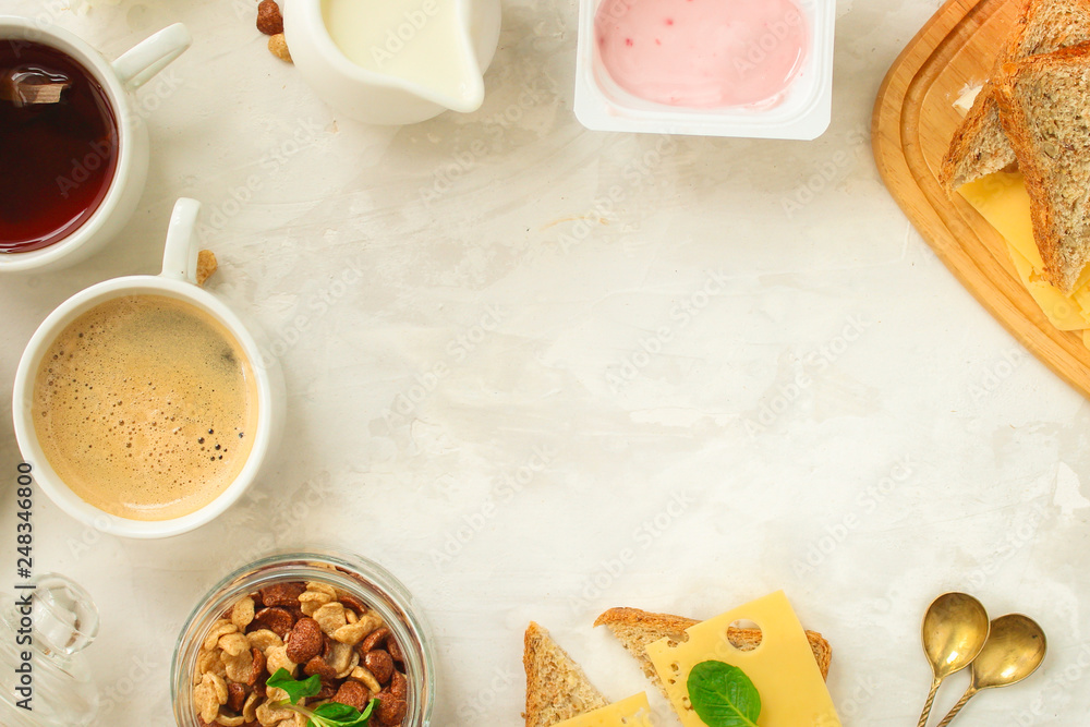 breakfast or snack (coffee, yogurt, cheese, sandwiches, cornflakes and ...
