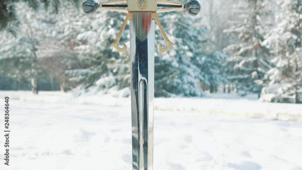 mysterious picture of silver royal sword standing alone in the snow ...
