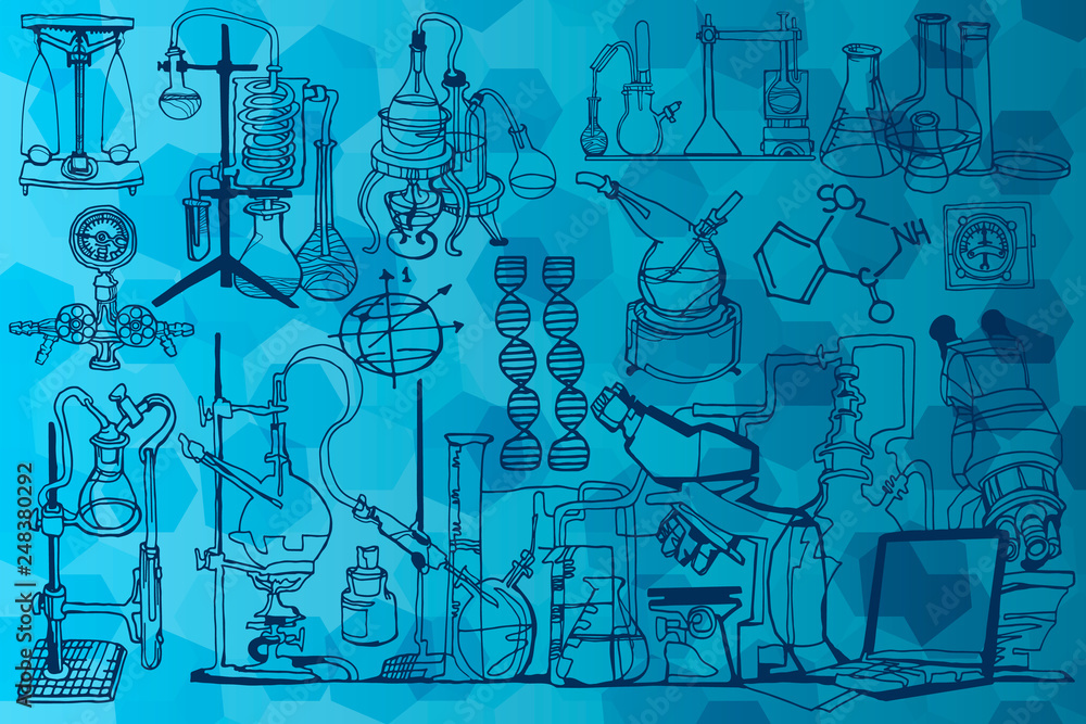 Vector pattern with line art sketch elements related to science or ...