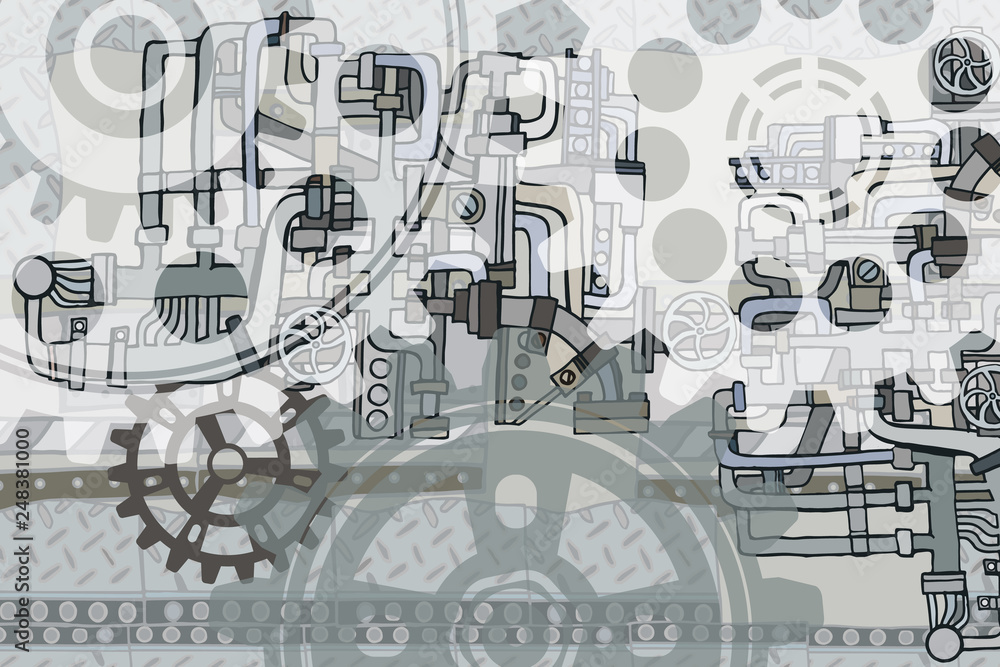 Abstract industrial factory or steampunk background with hand drawn ...