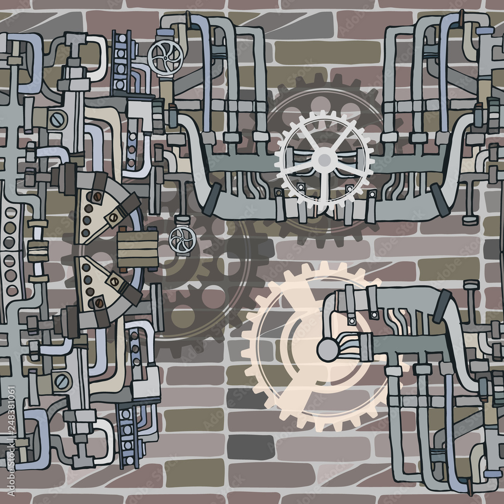 Vector seamless pattern with hand drawn elements. Abstract industrial background with fictional ...