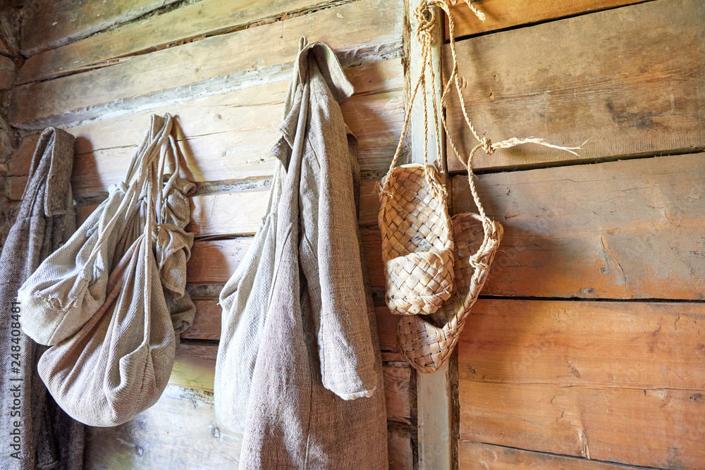 Russia, Gulag. Interior view of an old prison. Handcuffs and devices of ...