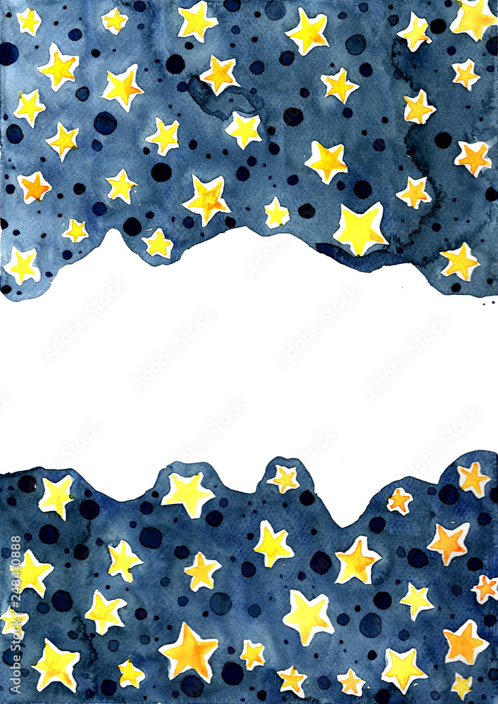 Abstract night sky and yellow star watercolor hand painting on white ...
