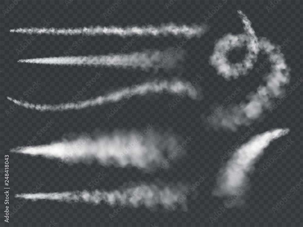 Plane smoke trail. Jet trails white airplane smoke takeoff cloud vapour sky contrail rocket ...