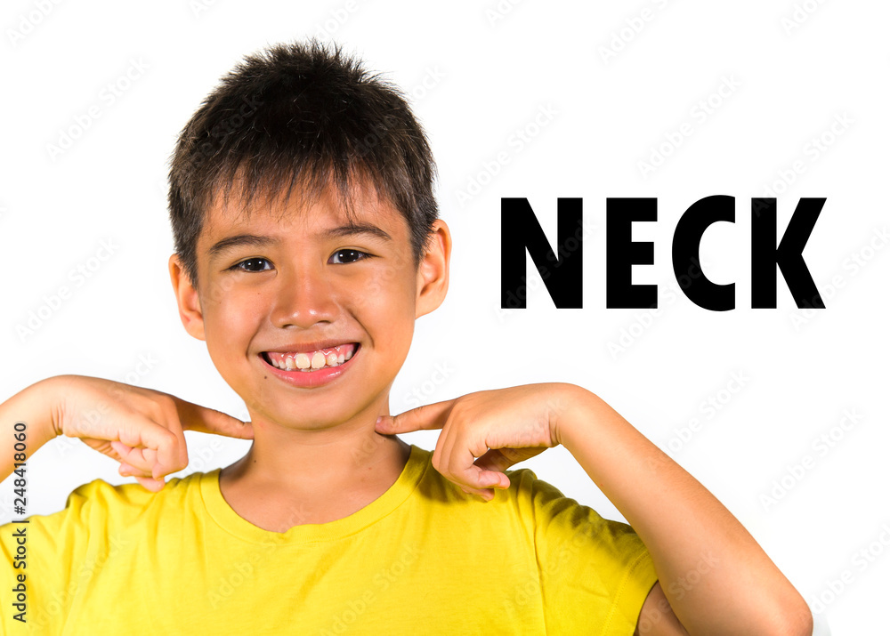 English language learning card child pointing with fingers to his neck ...