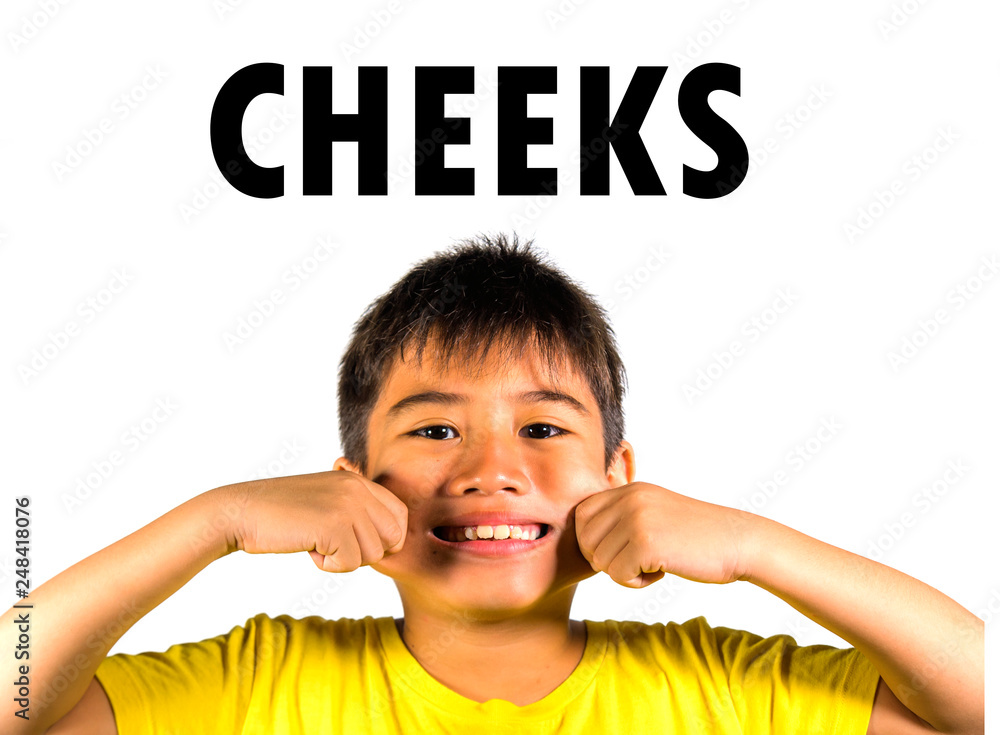 English language learning card child pulling his cheeks isolated on ...