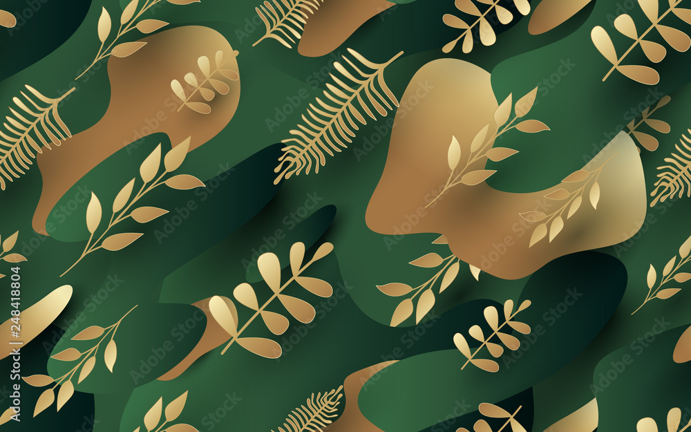 Gold leaves pattern. luxury green and gold background Stock Vector ...