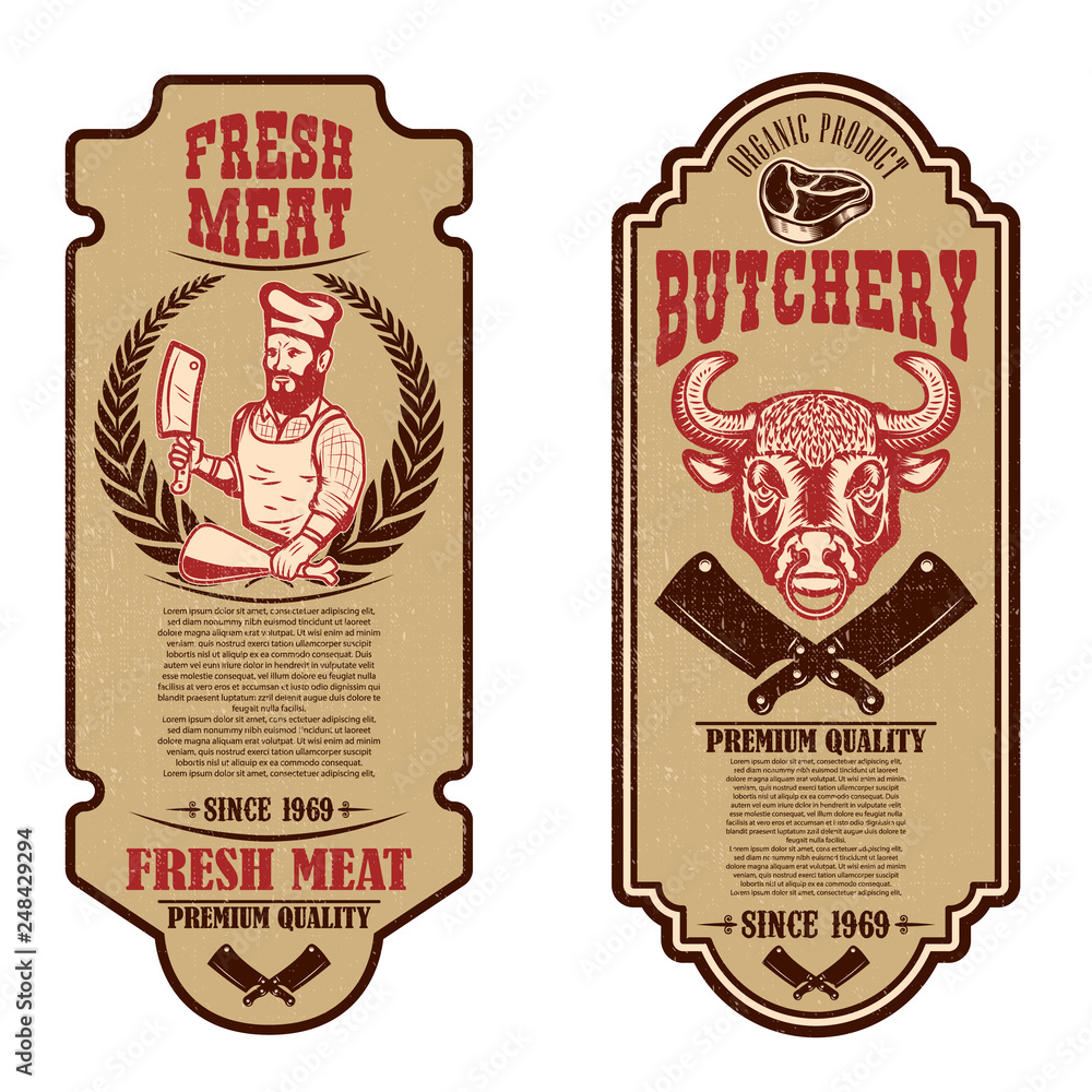 Set of vintage butchery and meat store flyers. Design element for logo ...