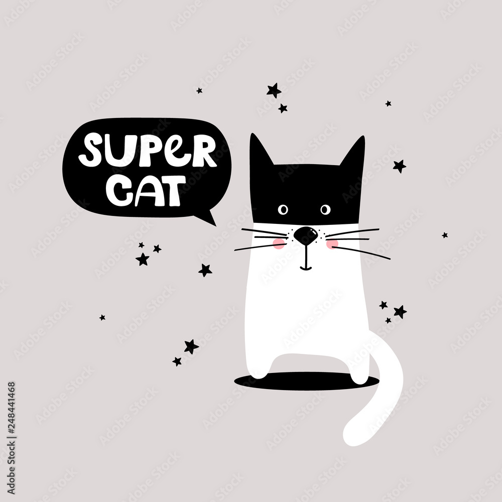 Simple illustration with cat and english text, poster design. Colorful ...