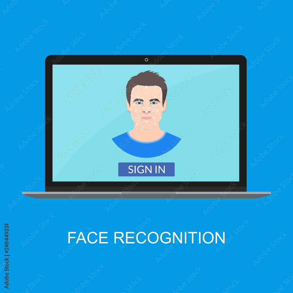 Face recognition technology. Laptop with Facial Biometric ...