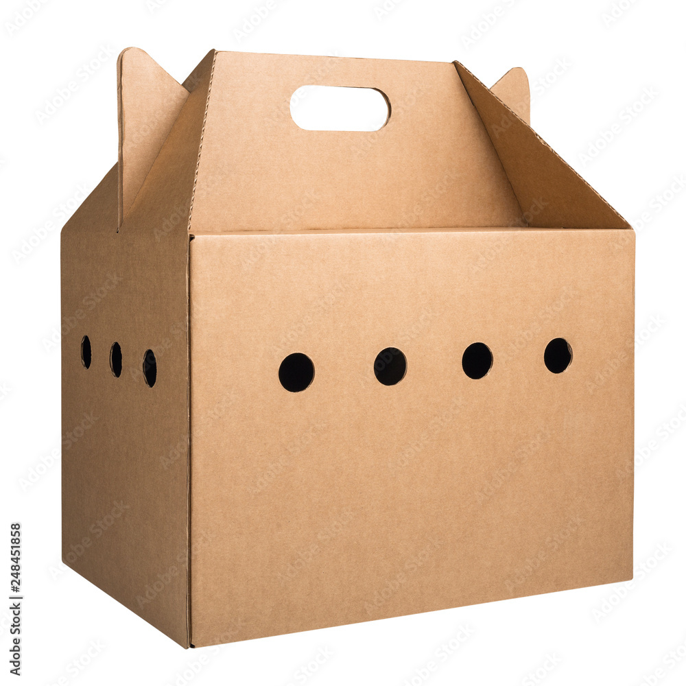 Cardboard pet carrier box isolated on white background. Single-use pet ...