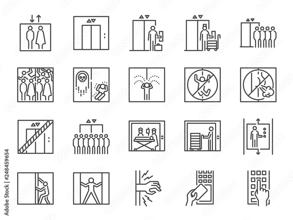 Lift line icon set. Included icons as elevator, goods elevator, goods ...