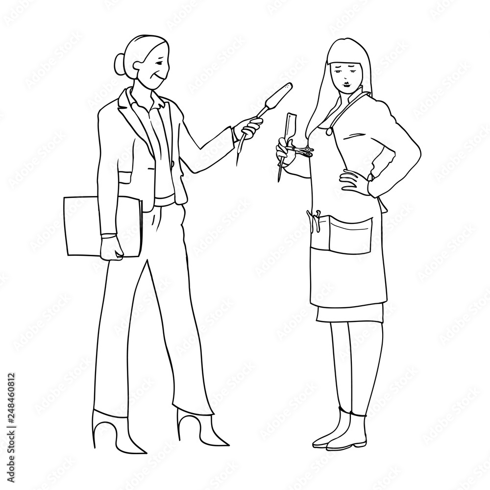 Set of black and white line drawings in the vector, female figures ...