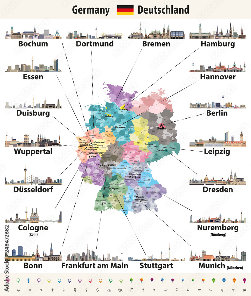 Germany map with largest cities skylines vector set. All layers are ...