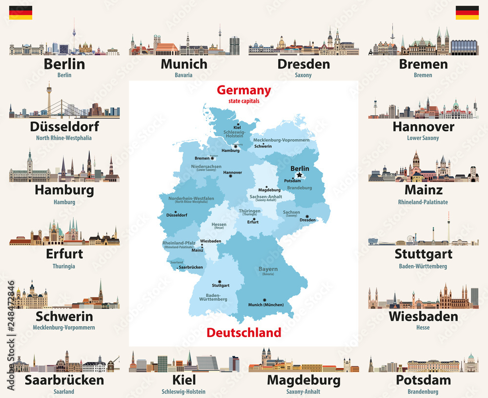 Vetor de Germany map with state capitals cities skylines vector ...