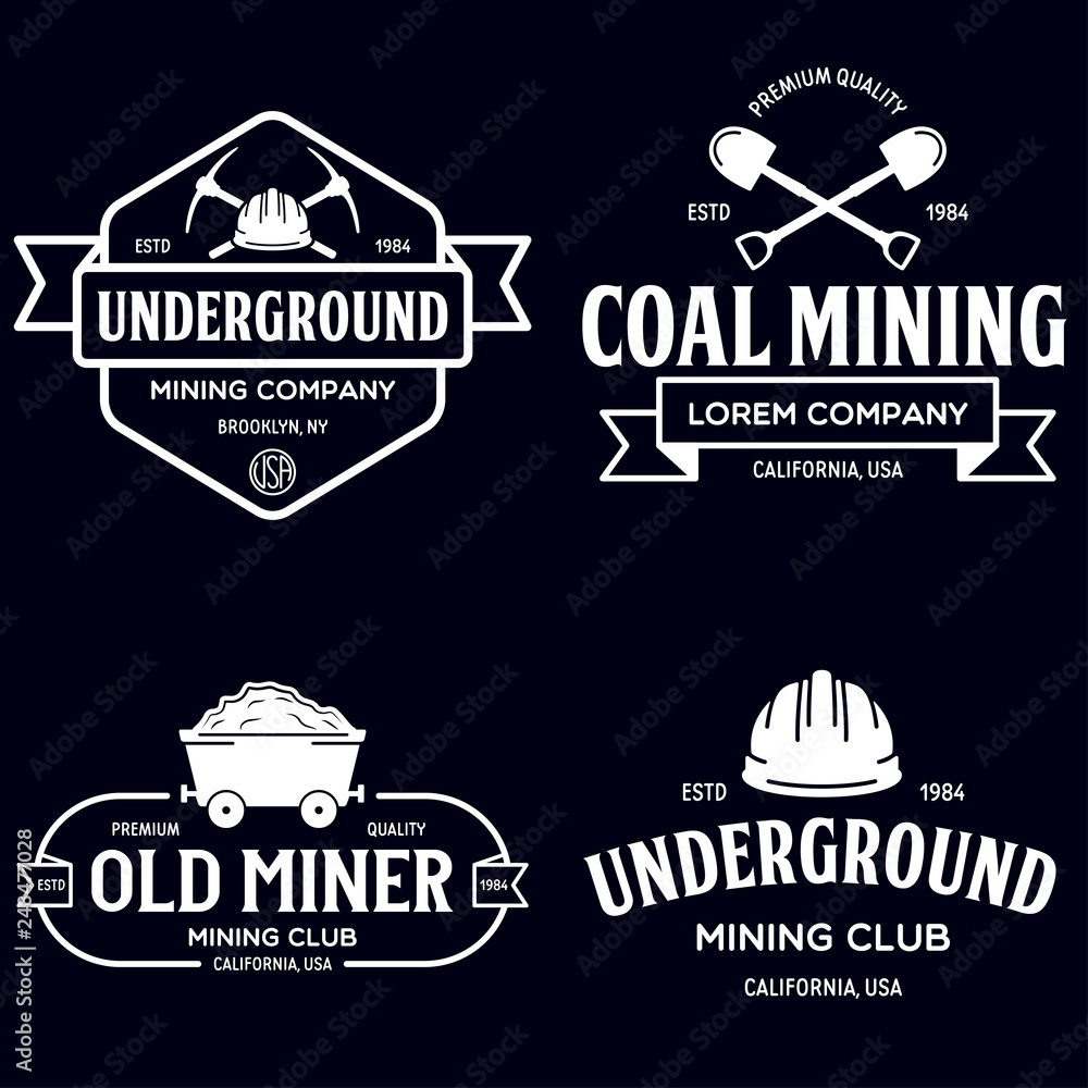 Set of mining or construction logos, badges, emblems and labels in ...