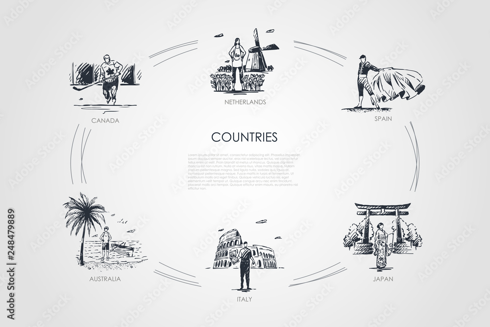 Countries - Netherlands, Spain, Canada, Australia, Italy, Japan vector concept set Stock Vector ...