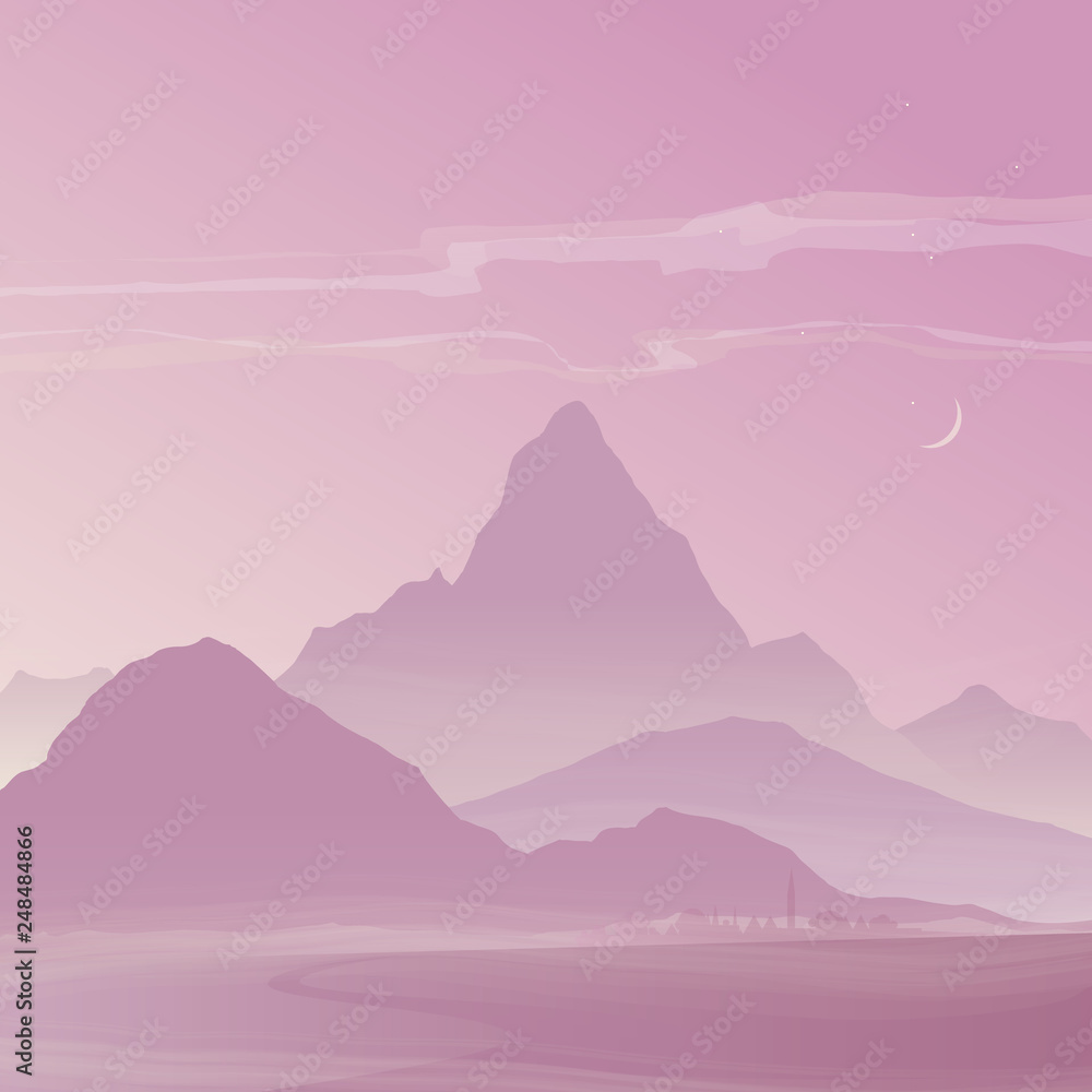 Evening pink landscape with Mountain Peaks. Vector illustration of ...