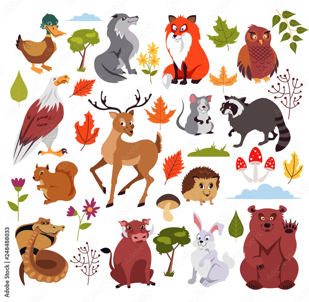 Wild forest animals characters set with plans, mushroom and tree ...