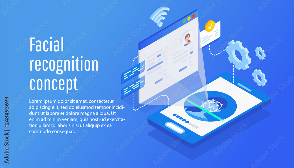 Face recognition, woman looks into the phone camera, biometric ...