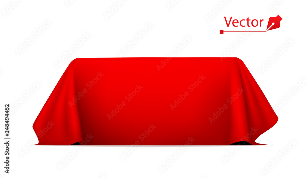 Object covered with red silk cloth. Empty podium or presentation ...
