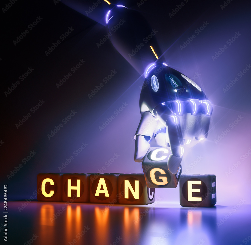 cyborg robot hand changes text cube from change to chance - ai concept ...