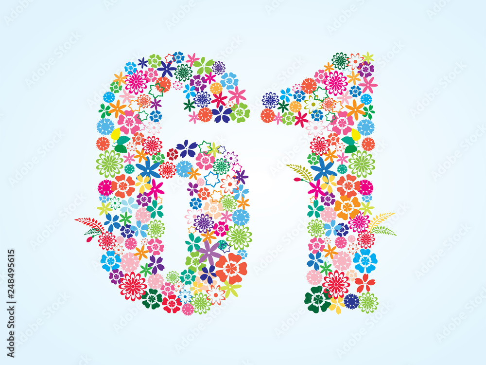 Vector Colorful Floral 61 Number Design isolated on white background ...