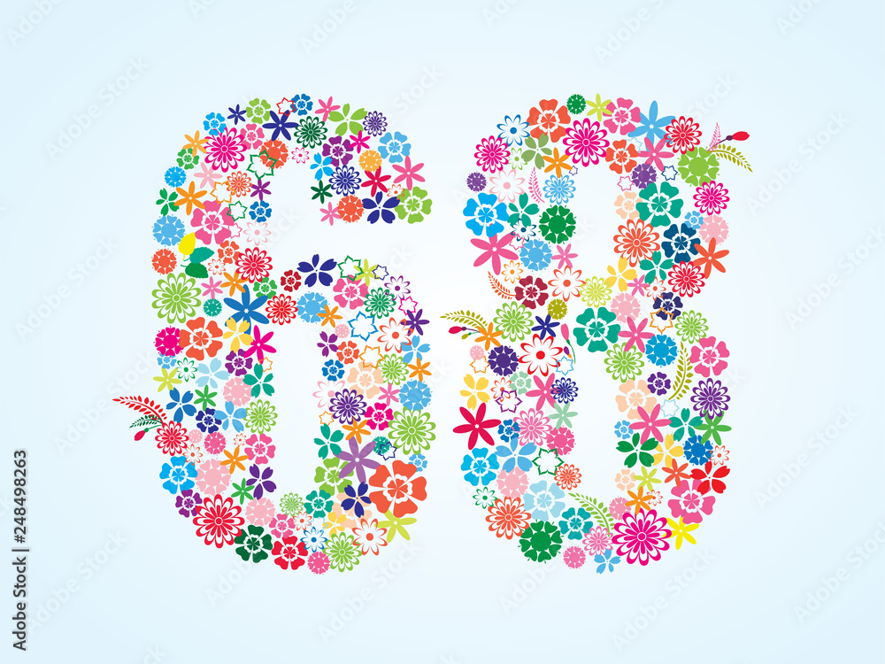 Vector Colorful Floral 68 Number Design isolated on white background ...
