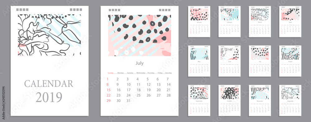 Design of wall monthly Calendar for 2019 year. Hand drawn pastel ...
