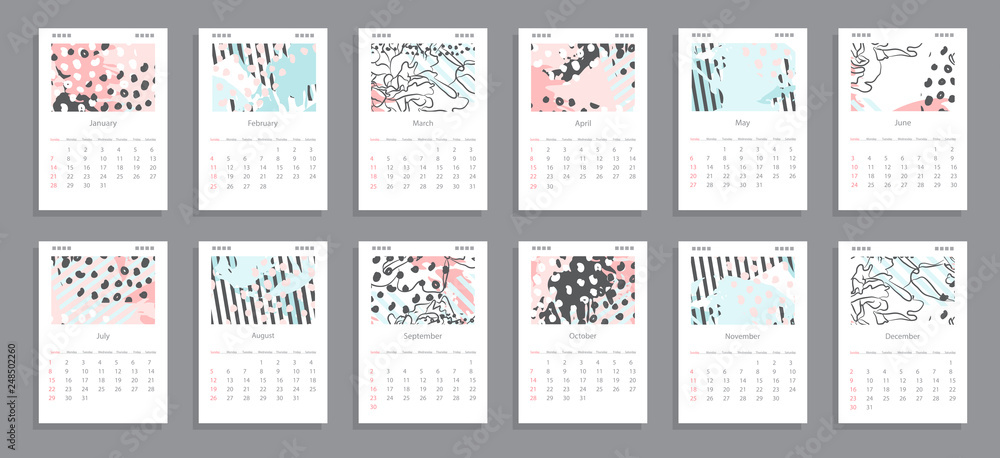 Design of wall monthly Calendar for 2019 year. Hand drawn pastel ...