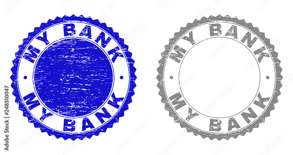 Grunge MY BANK stamp seals isolated on a white background. Rosette ...