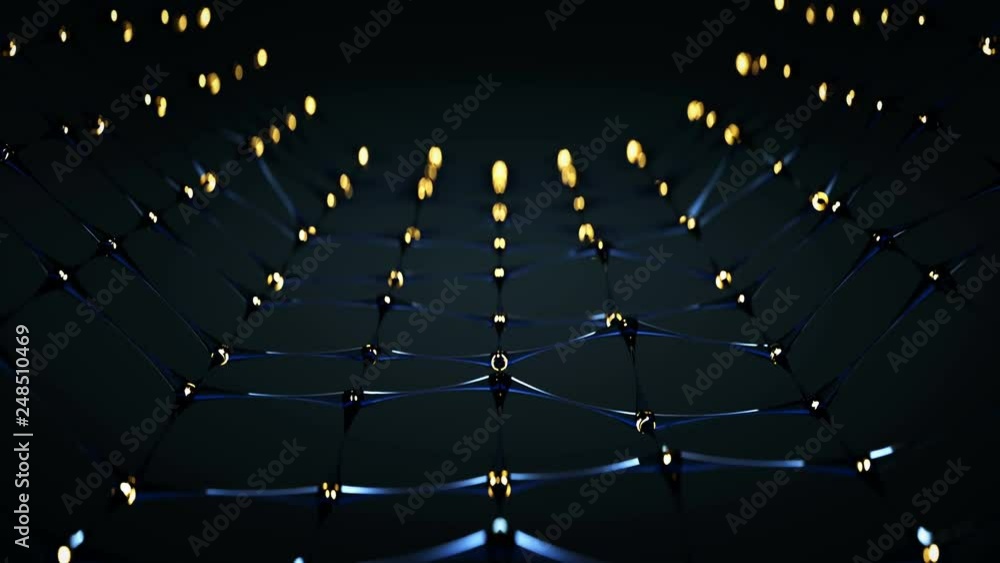 Glass network structure. Plexus mesh with transparent lines and glowing nodes spheres ...