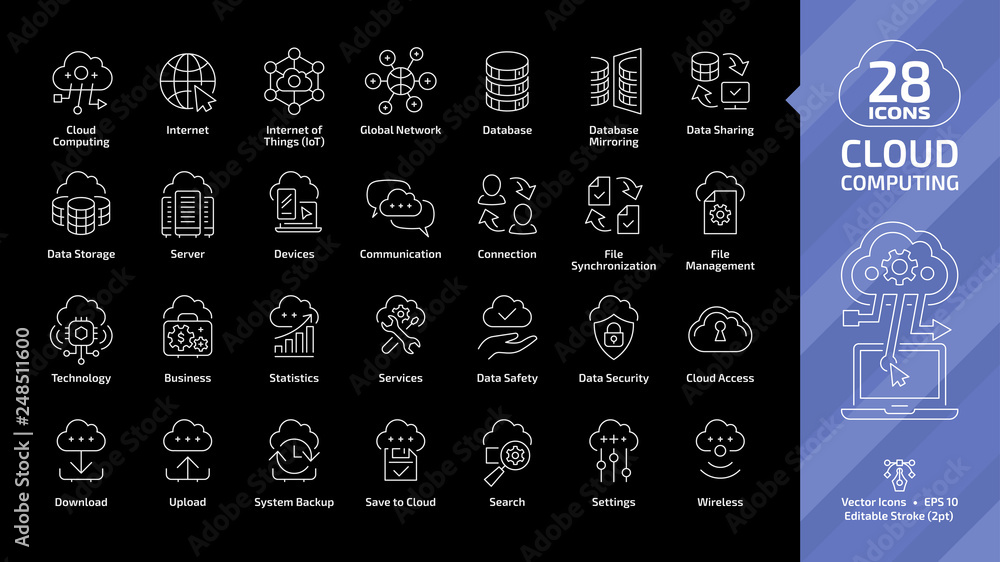 Cloud computing database editable stroke outline icon set on a black ...
